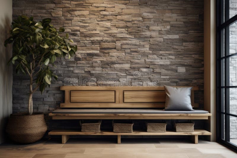 Stone Cladding Wall and Bench with Home Decor in Spacious Hallway ...