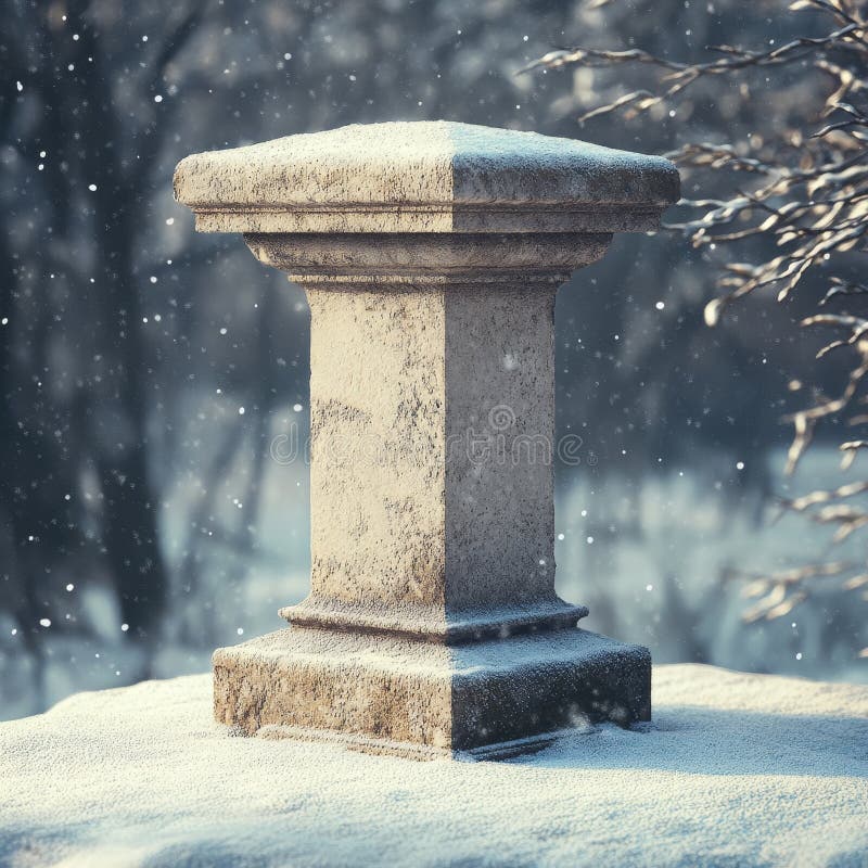 Stone Column in the Snow. Winter Landscape. Snowfall. 3D Illustration ...