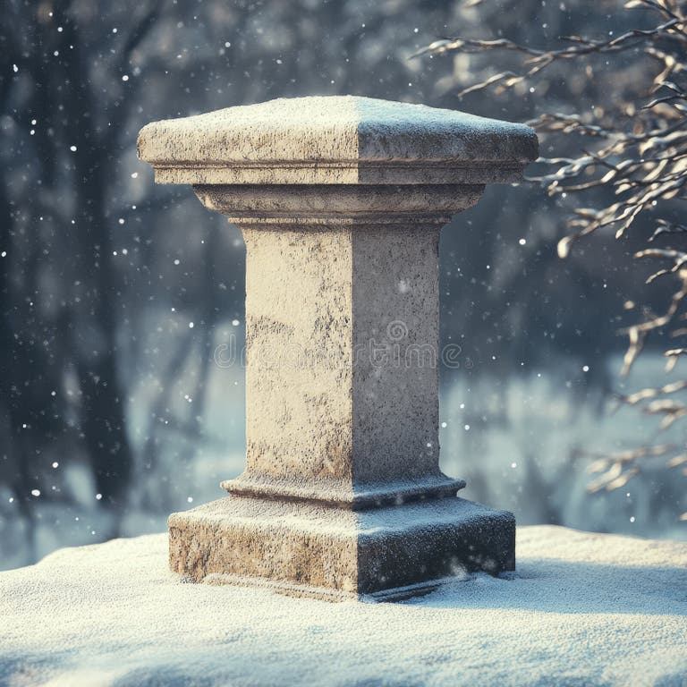 Stone Column in the Snow. Winter Landscape. Snowfall. 3D Illustration ...