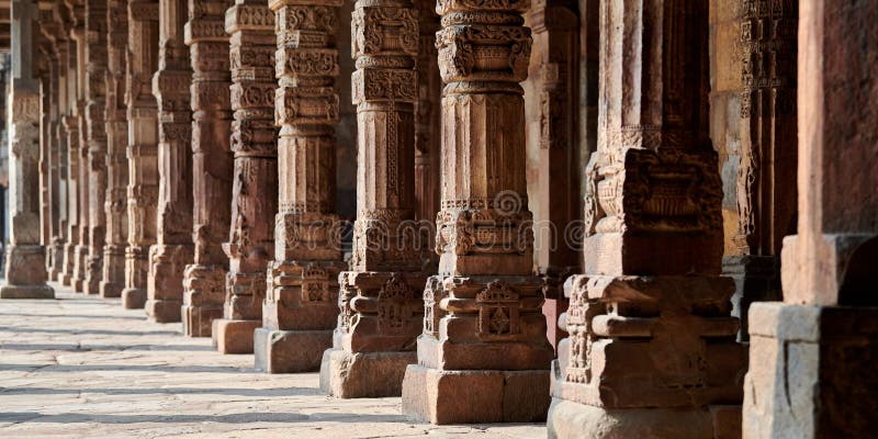 Stone Columns with Decorative Bas Relief of Qutb Complex in South Delhi ...