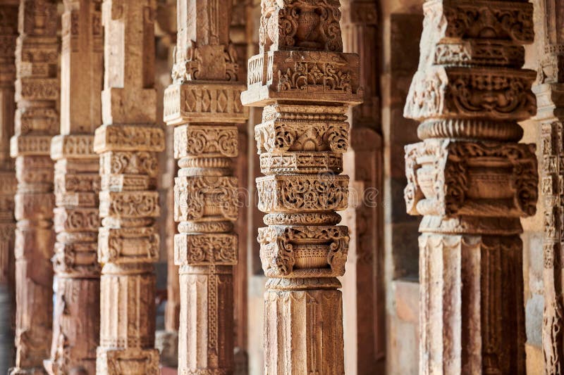 Stone Columns with Decorative Bas Relief of Qutb Complex in South Delhi ...