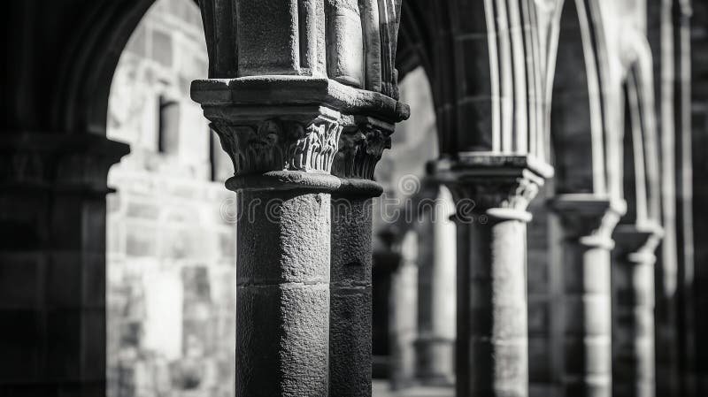Stone Columns with Intricate Capitals Line a Cloister, Featuring ...