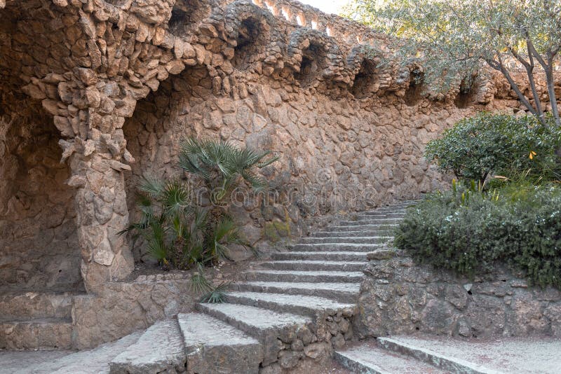 Stone Columns and Steps in Park Guell in Barcelona, Spain Editorial ...