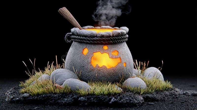 Stone Cooking Pot with Steam Glowing Interior Set on Grassy Rocks ...