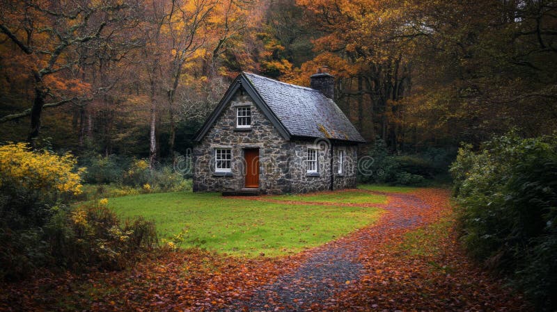 Stone Cottage in an Autumn Forest with a Pathway Stock Illustration ...