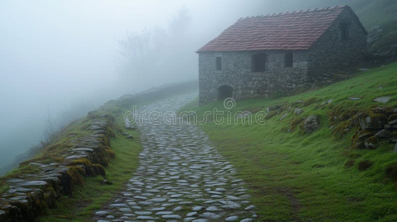 Stone Cottage Cobblestone Path Foggy Forest Stock Photos - Free ...