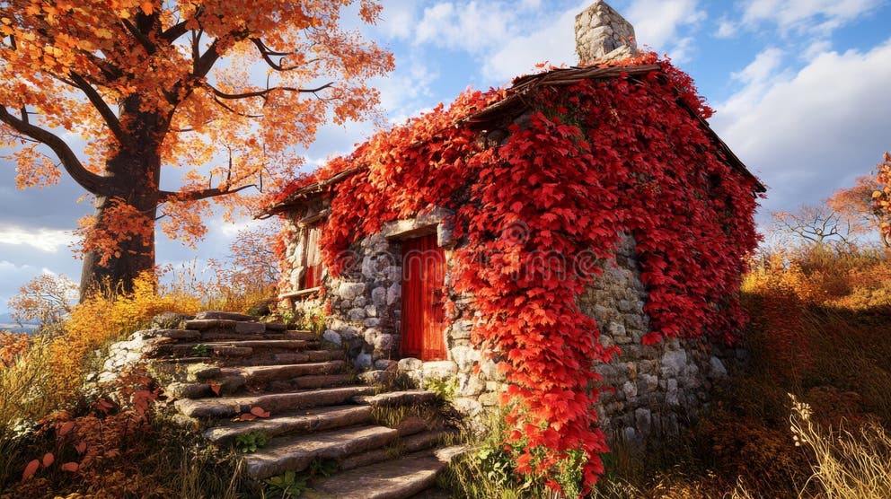 A Stone Cottage Concealed Deep in a Forest of Red Flowers Stock Image ...