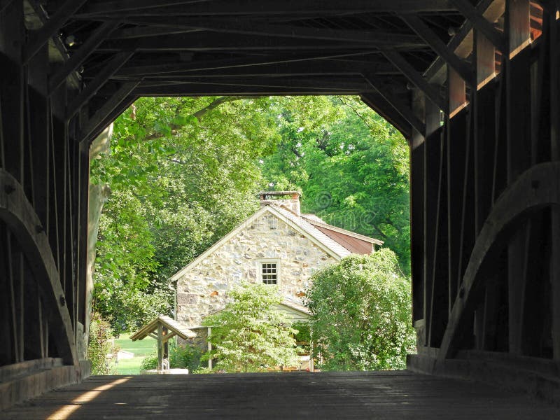Stone Cottage through Covere Bridge Pa Stock Image - Image of carpenter ...