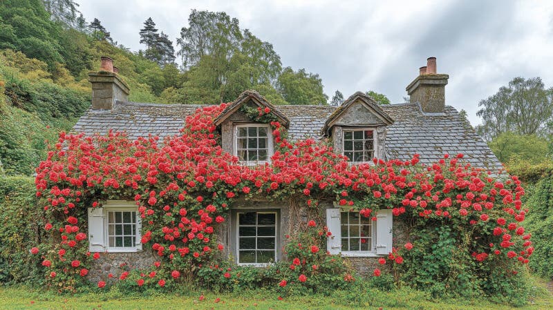Stone Cottage Covered Red Climbing Roses Stock Photos - Free & Royalty ...