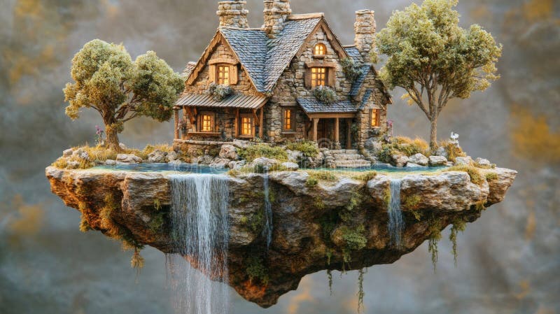 Stone Cottage on a Floating Island with Waterfall Stock Illustration ...