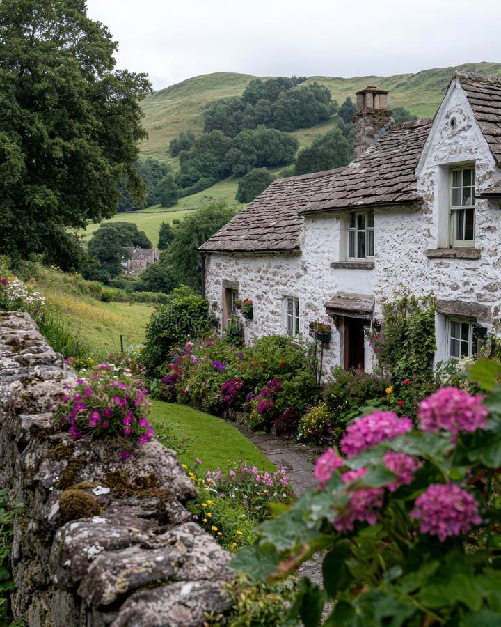 Stone Cottage with Flower Garden in Idyllic Countryside Setting Stock ...