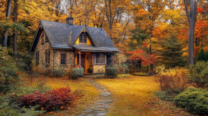 Stone Cottage in a Forest of Autumn Colors Stock Illustration ...