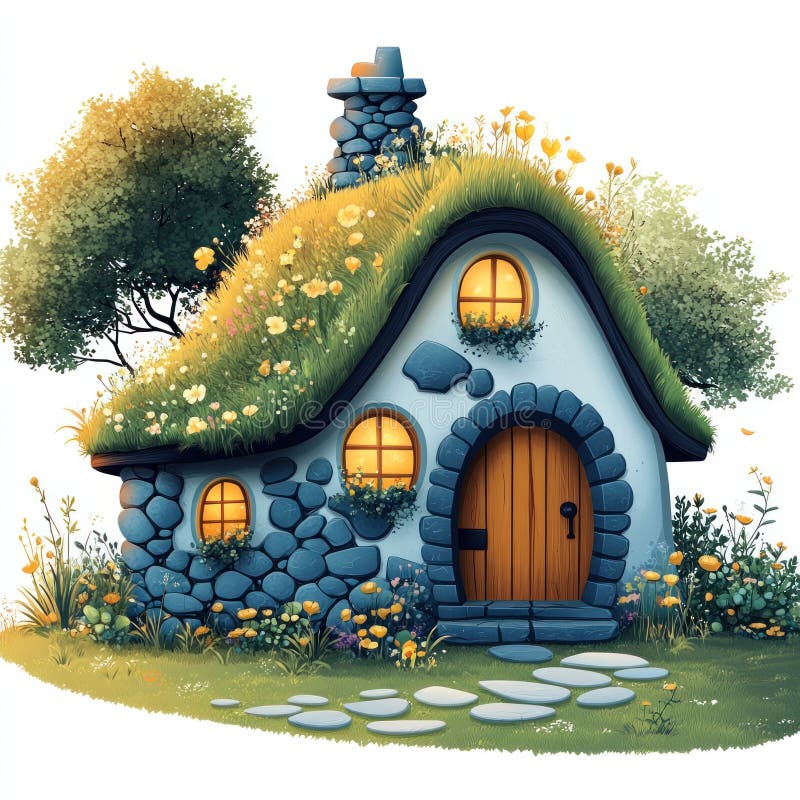 Stone Cottage with Grass Roof Illustration Stock Illustration ...