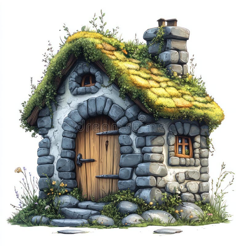 Stone Cottage with Grass Roof Illustration Stock Illustration ...