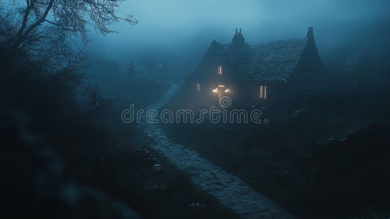 Stone Cottage Illuminated in Foggy Night Stock Photo - Image of road ...