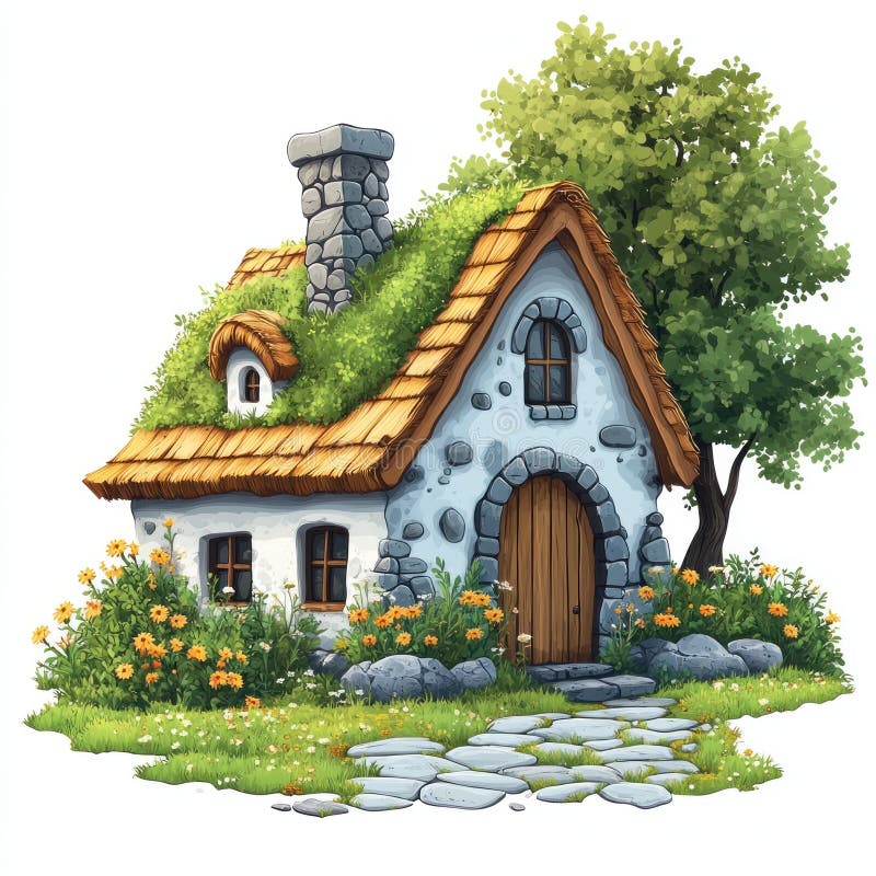 Stone Cottage Illustration with Grass Roof, Flowers, and a Stone Path ...