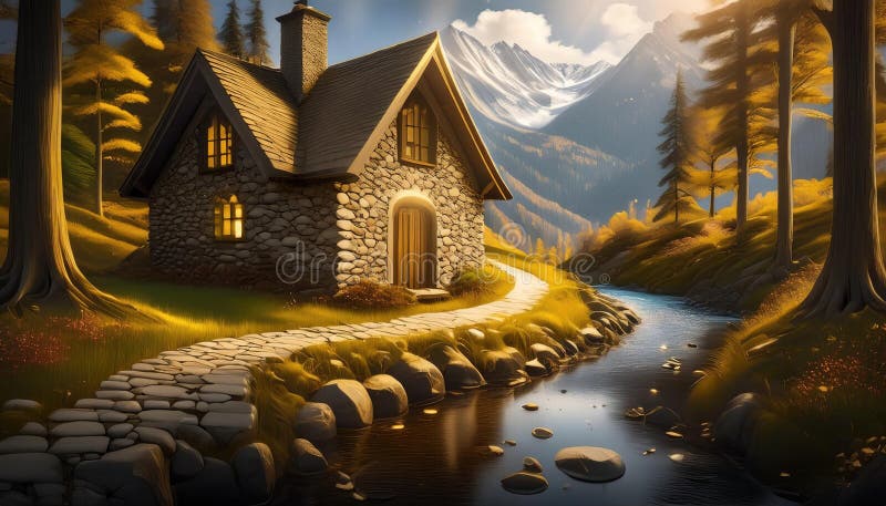 A Stone Cottage Near a Stream with Mountains in the Background. Stock ...