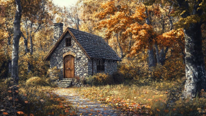 Stone Cottage Nestled in Autumn Forest Stock Illustration ...