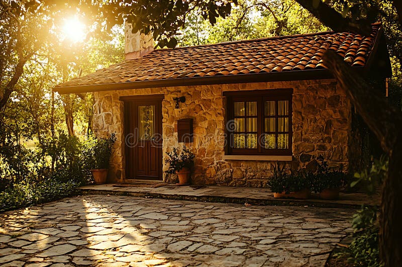 Stone Cottage at Sunset Idyllic Rural Retreat Stock Illustration ...