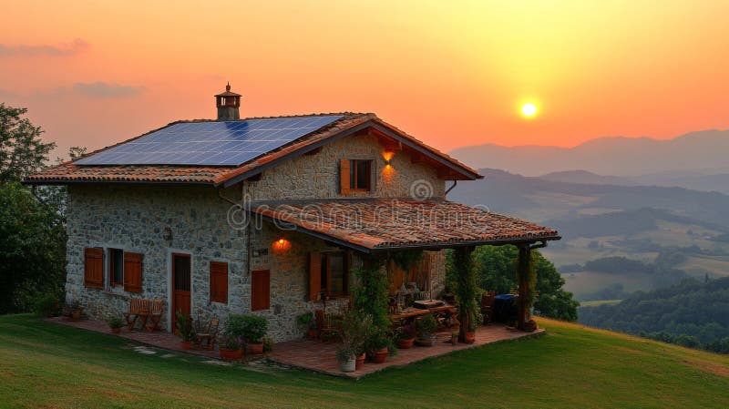 Stone Cottage at Sunset Over Rolling Hills Stock Illustration ...