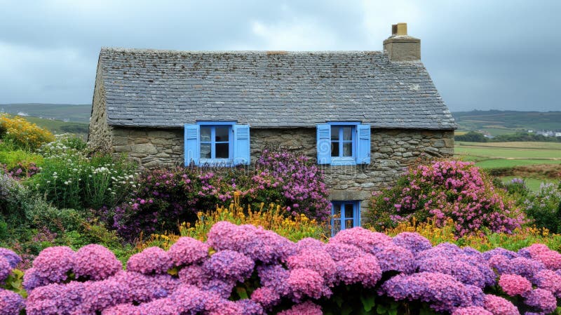Stone Cottage Vibrant Flower Garden Blue Windows Stock Photos - Free ...