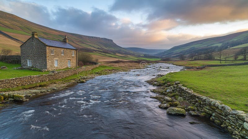 Stone Cottage by a Winding River in a Valley Landscape Stock ...