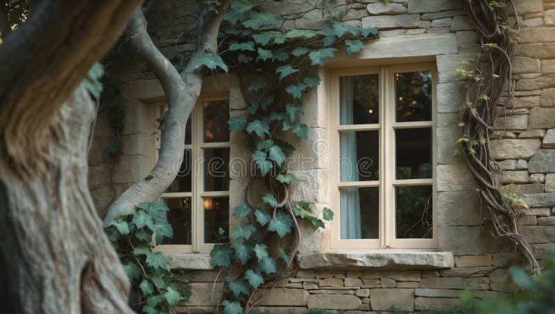 Stone Cottage Windows Framed by Tree and Vines Stock Image - Image of ...