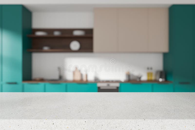 Stone Countertop and Kitchen Interior with Cooking Cabinet and Mockup ...