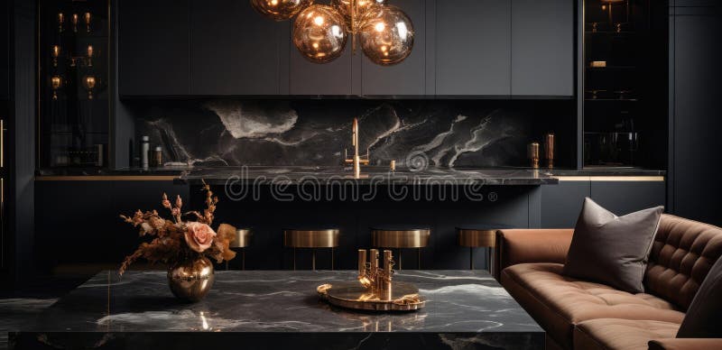 Stone Countertop in Luxury Kitchen Stock Photo - Image of furniture ...