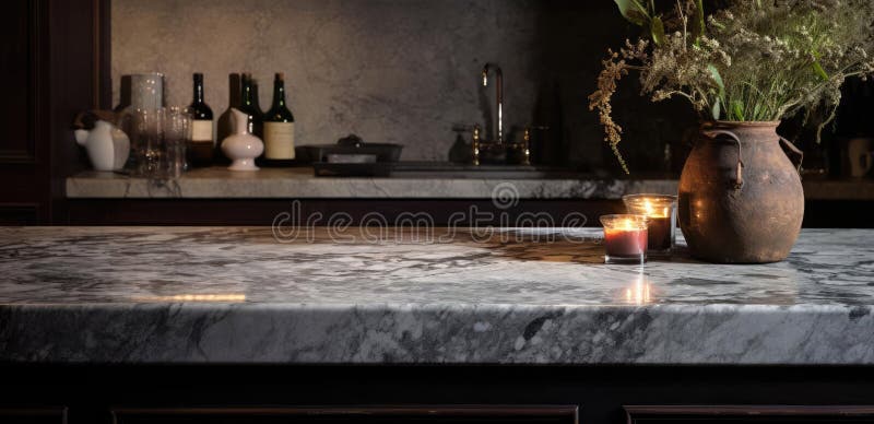 Stone Countertop in Luxury Kitchen Stock Image - Image of home, blur ...