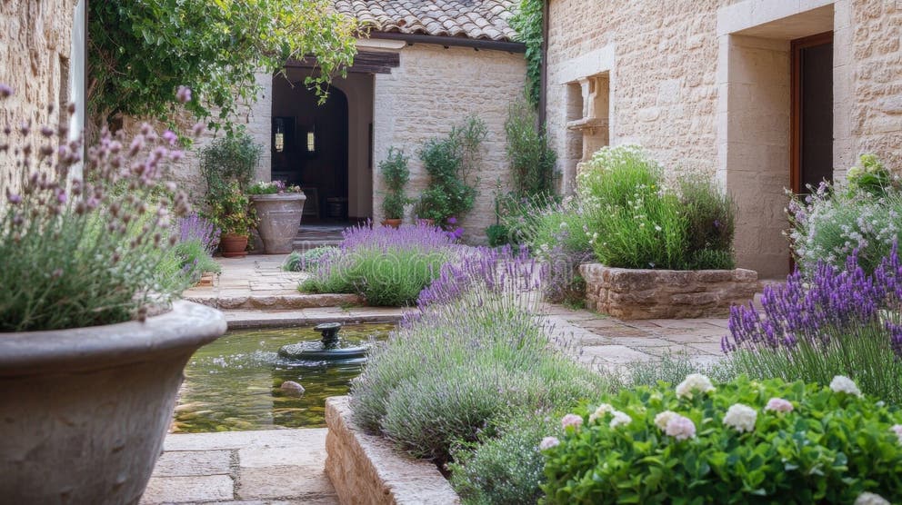 A Stone Courtyard with Lavender and a Small Fountain Stock Illustration ...