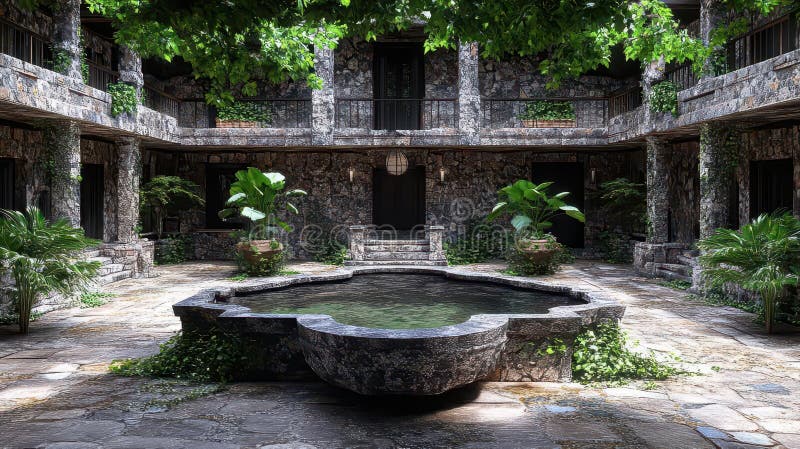 Stone Courtyard Oasis, Lush Garden & Fountain Stock Illustration ...