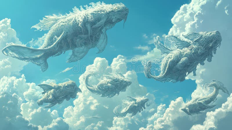 Stone Creatures Soar through a Cloudy Sky Stock Photo - Image of ...
