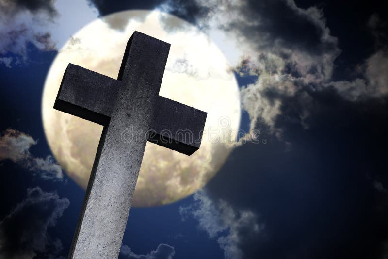Stone Cross Against the Moon, Dramatic Clouds in the Night Sky Stock ...