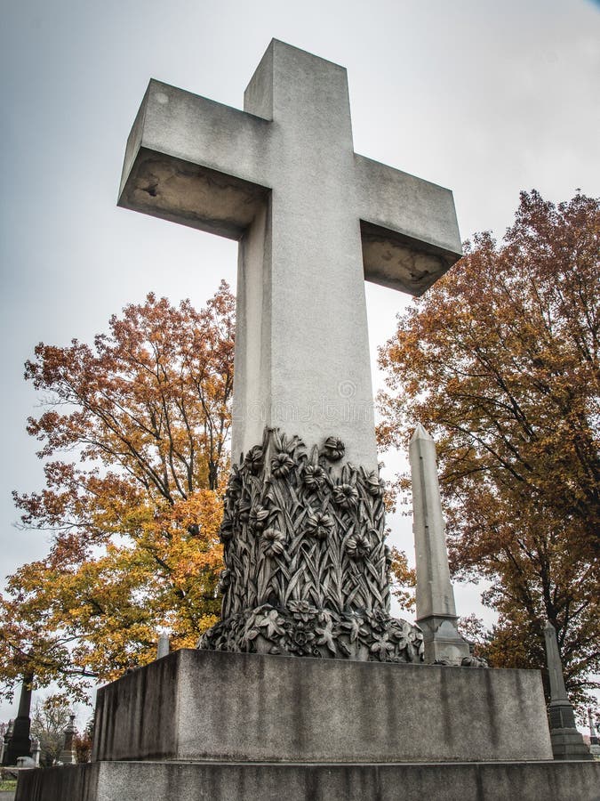 Stone Cross in a Cemetery in Fall Stock Image - Image of tombstone ...