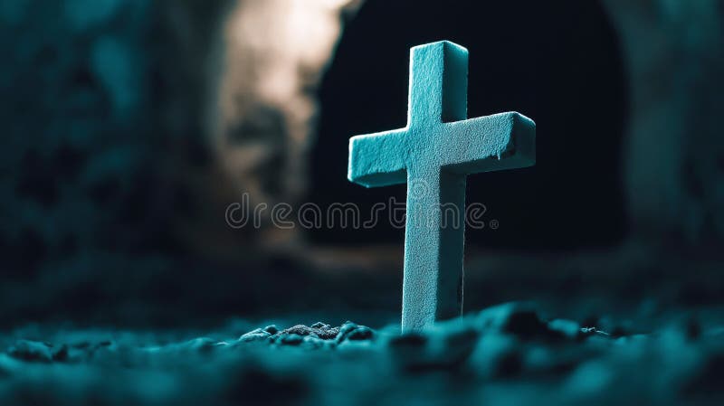 Stone Cross in Dimly Lit Cave Symbolizing Faith and Solitude Stock ...