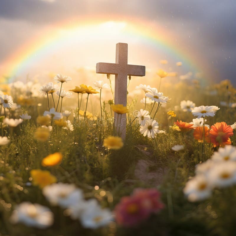 Stone Cross in Flower-Filled Meadow with Rainbow in Spring Light AI ...