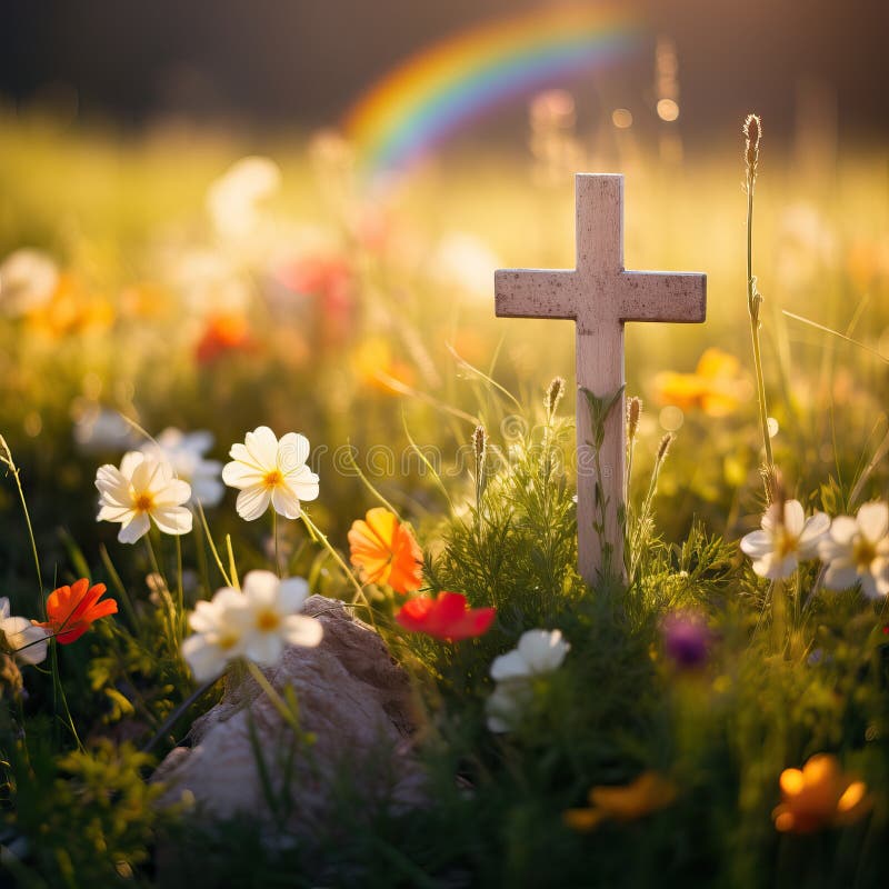 Stone Cross in Flower-Filled Meadow with Rainbow in Spring Light AI ...