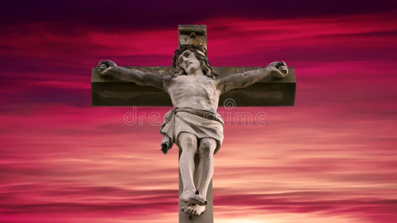 Stone Cross with Jesus and Red Sky Stock Image - Image of glory ...
