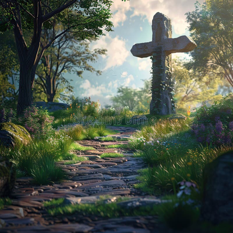 Stone Cross on a Path through a Sunlit Forest Stock Image - Image of ...