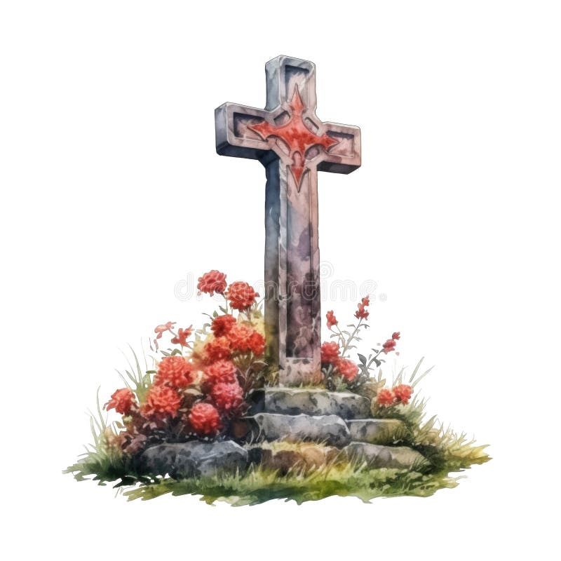Stone Cross with Red Flowers and Grass Stock Image - Illustration of ...