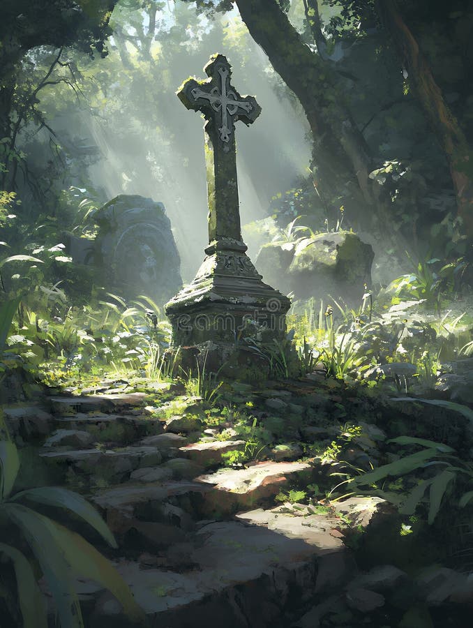 A Stone Cross Stands in a Lush Forest with Light Streaming through the ...