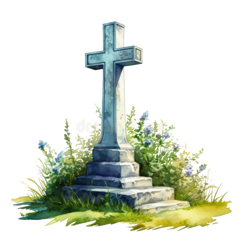 Stone Cross with Steps and Green Foliage Stock Photo - Illustration of ...