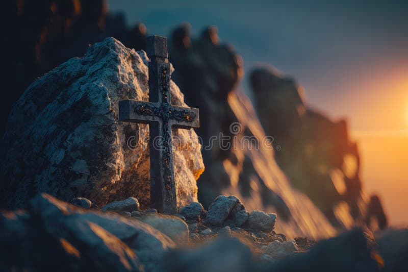 Stone Cross and God Light at Sunrise in the Rock Generative Ai Stock ...