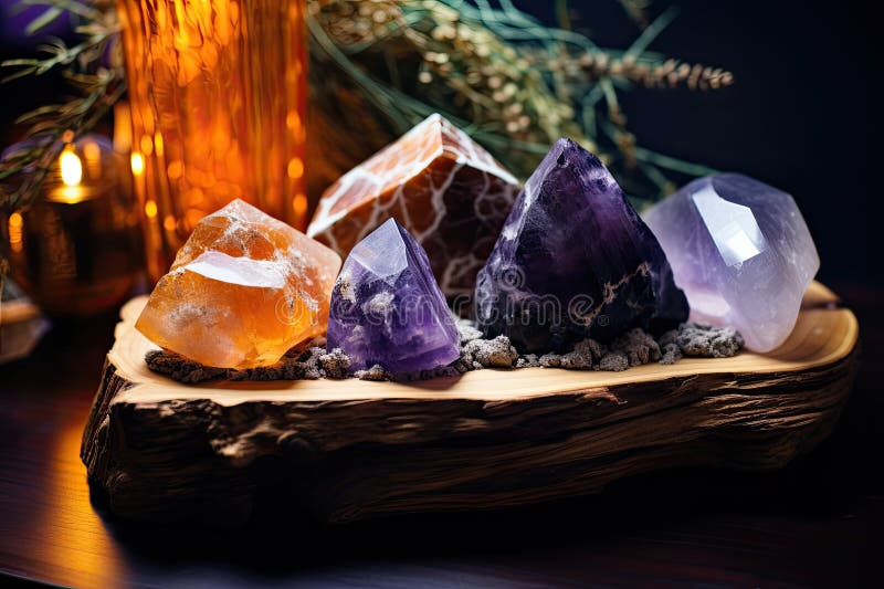 Stone Crystals on a Wooden Slab with a Piece of Wood Stock Image ...