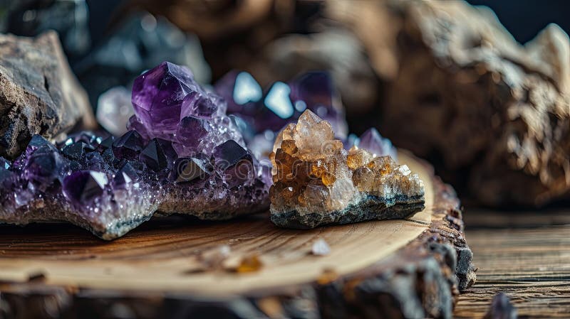 Stone Crystals on a Wooden Slab with a Piece of Wood Stock Image ...