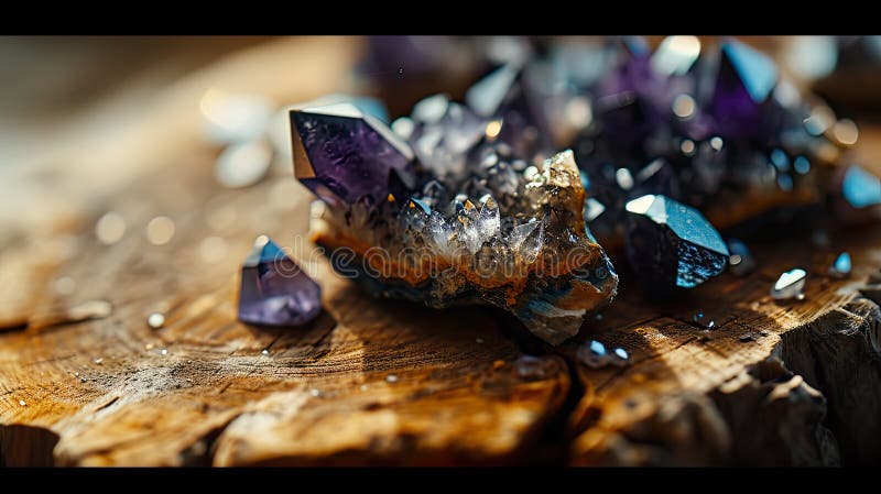 Stone Crystals on a Wooden Slab with a Piece of Wood Stock Photo ...
