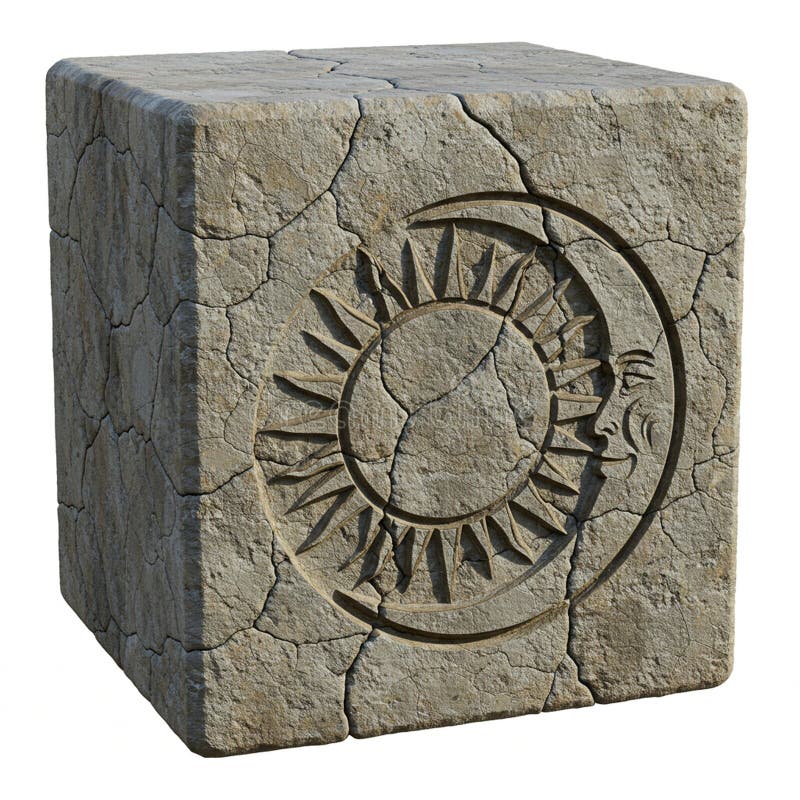 A Stone Cube Features a Carved Design of a Sun and Moon. the Sun Has ...