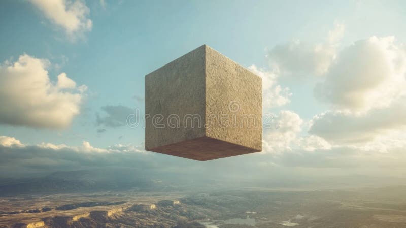 Stone Cube Floating in the Sky Above a City Stock Illustration ...