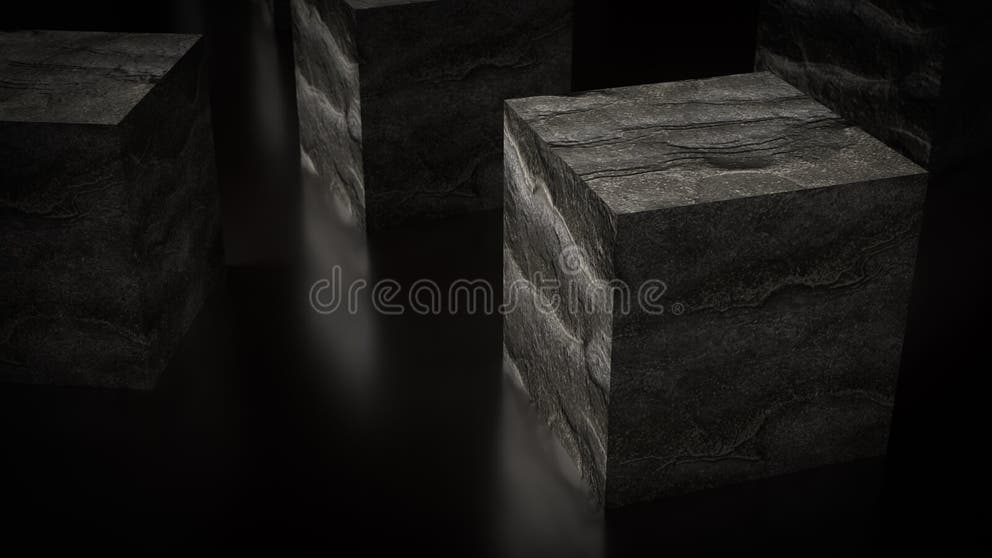 The Stone Cube Rock on Black Background 3d Rendering Stock Illustration ...